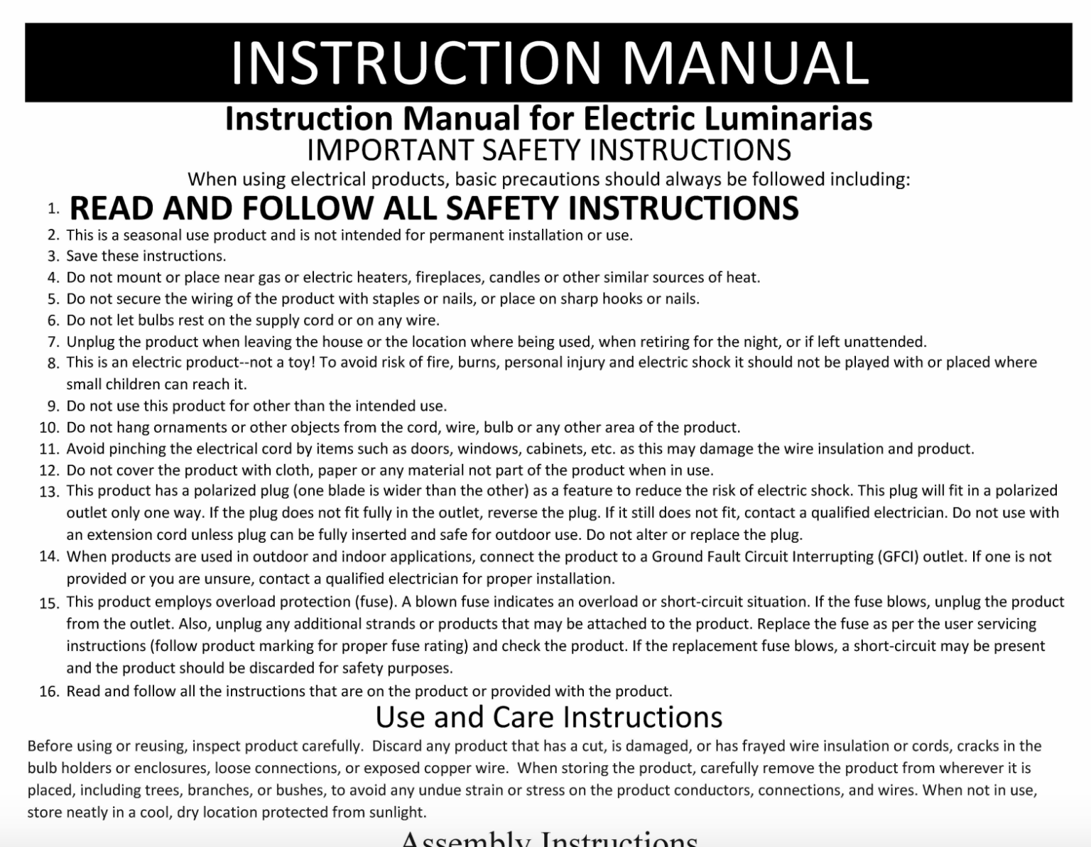Electric Luminarias Instruction Manual - RC Company - Luminarias & More